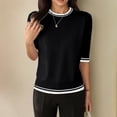 VNKIDY Womens Contrast Trim Round Neck Elbow Sleeve Ribbed Knit TShirt ...