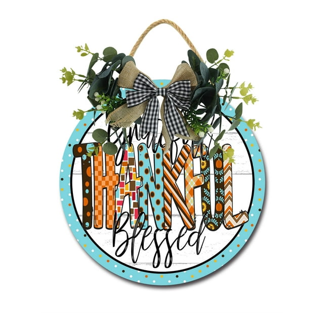 Grateful Thankful Blessed Wooden Front Door Sign Rustic Round Wreath ...