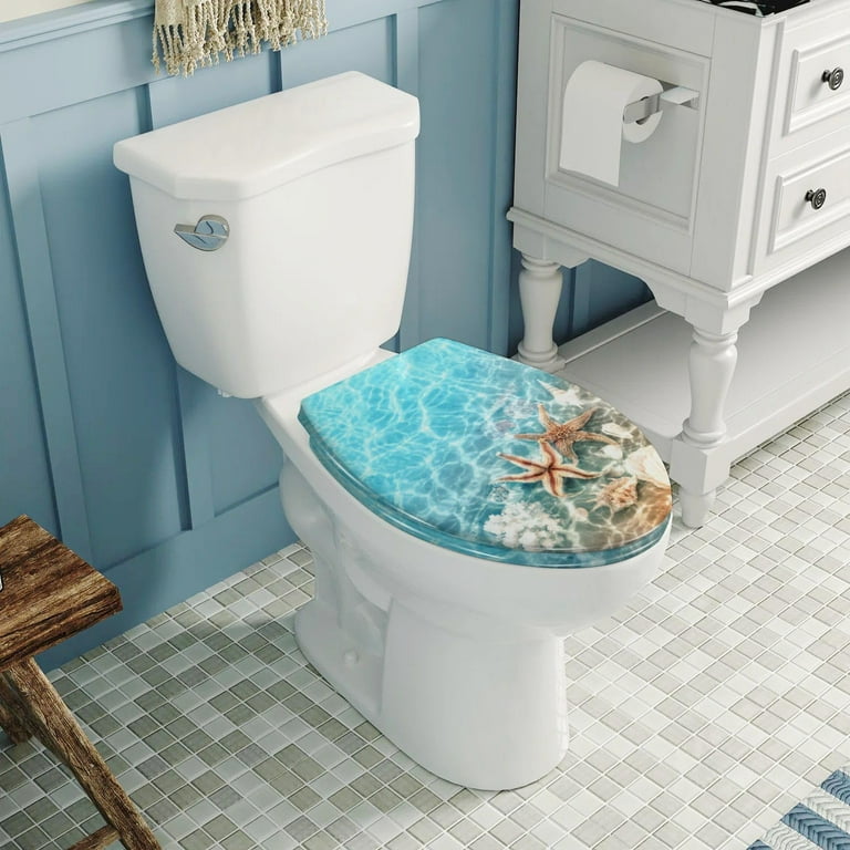 Elongated Toilet Seat coral summer beach sea water Summer Resin Toilet Seat with Quietly Close Quick Release Hinges Decorative Toilet Seat with Cover Easy to Clean and Install Beach Theme Decor