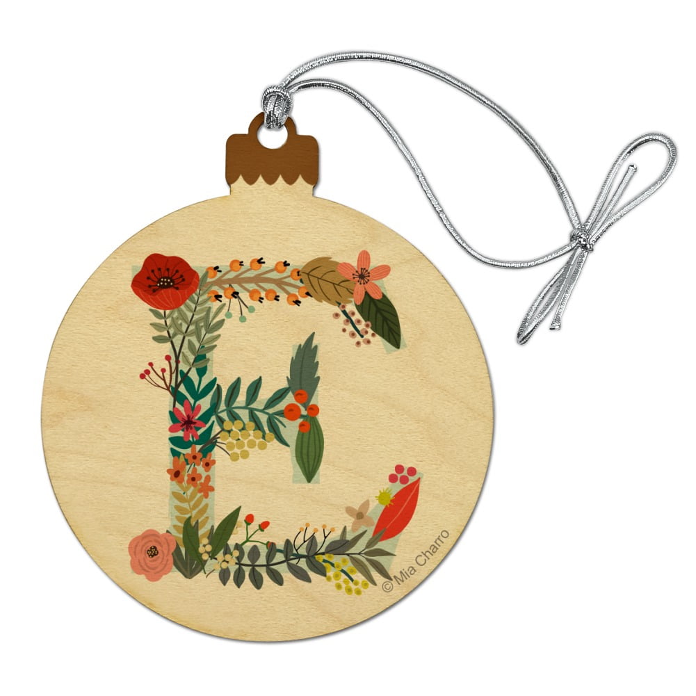 Letter E Floral Monogram Initial Wood Christmas Tree Holiday Ornament ...