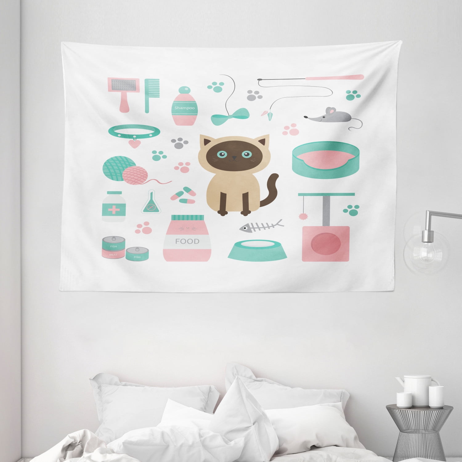 Cat Lover Tapestry, Cartoon Style Surprised Looking Siamese among ...