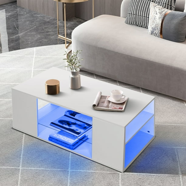 LED Coffee Table Modern High Gloss Coffee Cocktail Table Open Storage ...