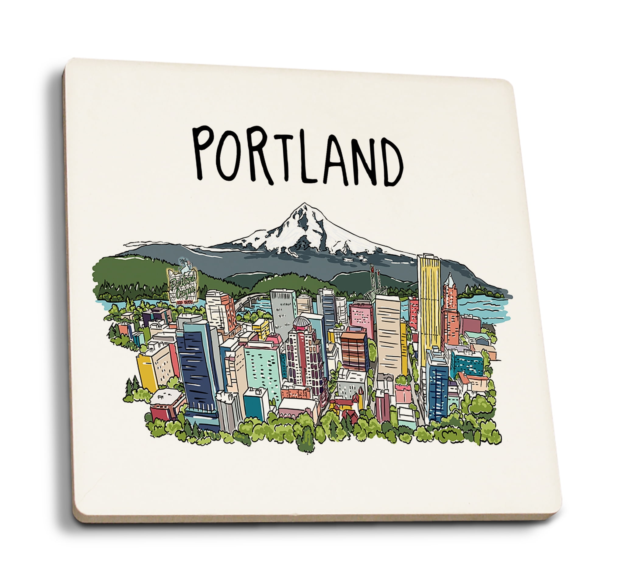 Portland, Oregon, Cityscape, Line Drawing (Absorbent Ceramic Coasters ...