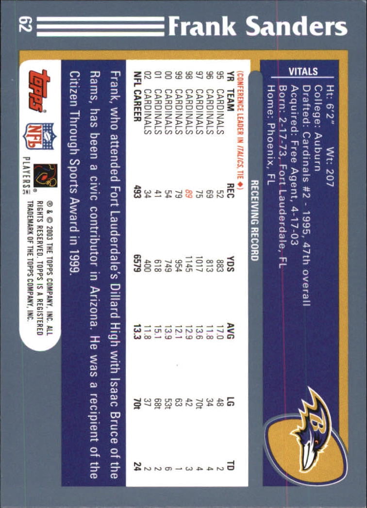 2003 Topps #62 Frank Sanders NFL Football Trading Card - Walmart.com