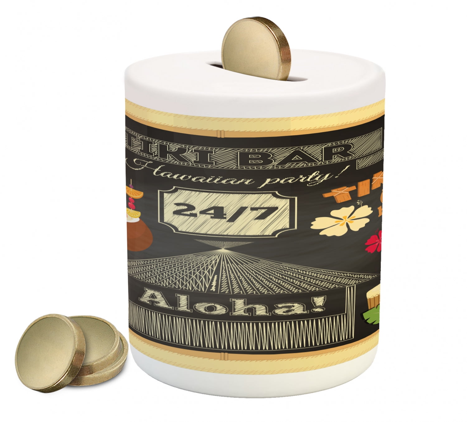 Hawaii Piggy Bank, Traditional Tiki Bar Poster Design with Coconut ...