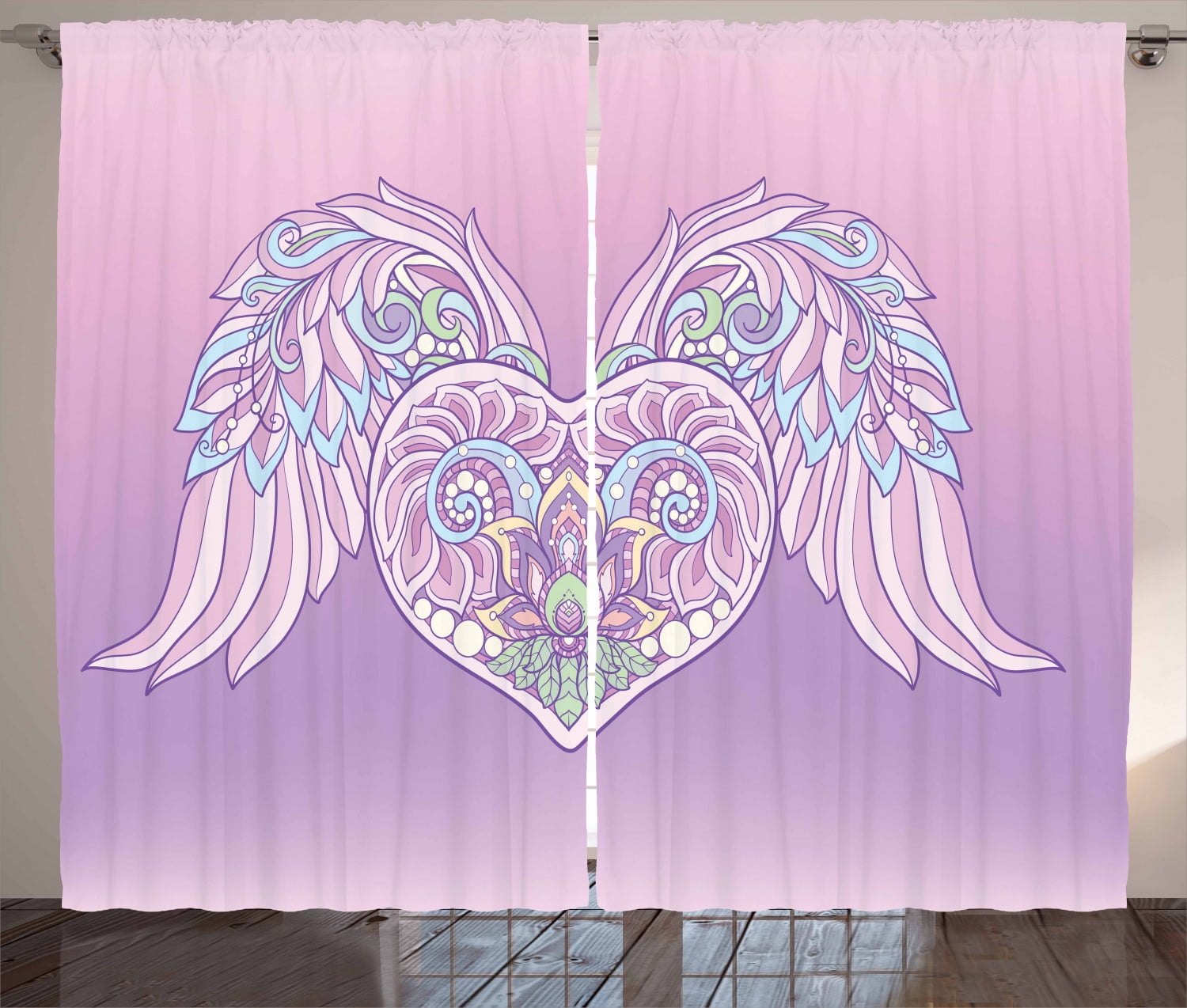 Angel Wings Curtains 2 Panels Set, Ornamental Heart with Feather Wings ...