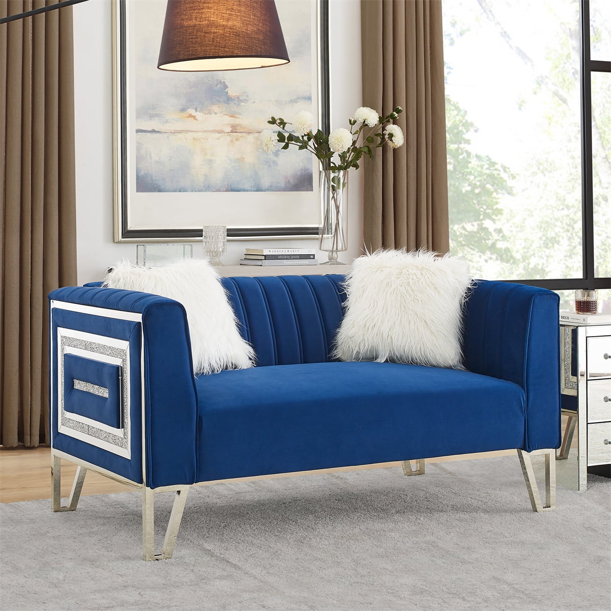 Loveseat Sofa with Mirrored Side Trim with Faux Diamonds, 2 Seater Arm ...