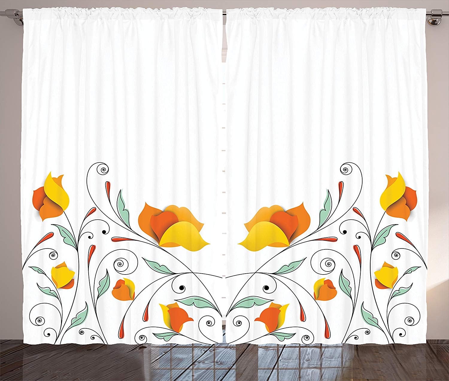 Floral Curtains 2 Panels Set, Bouquet with Swirled Branches Romantic ...