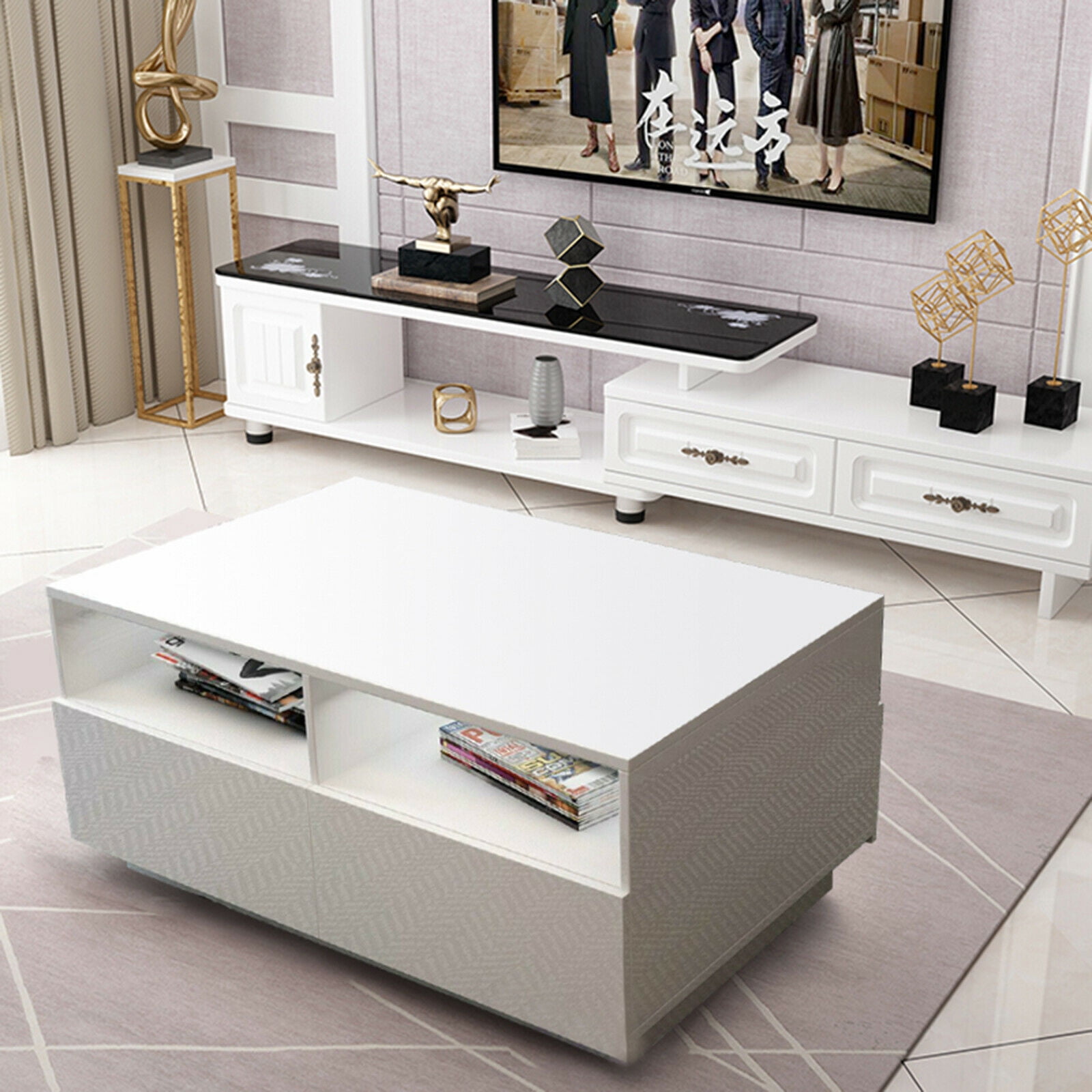 White High Gloss LED RGB Coffee Tea Table Storage w/ Drawers Living ...