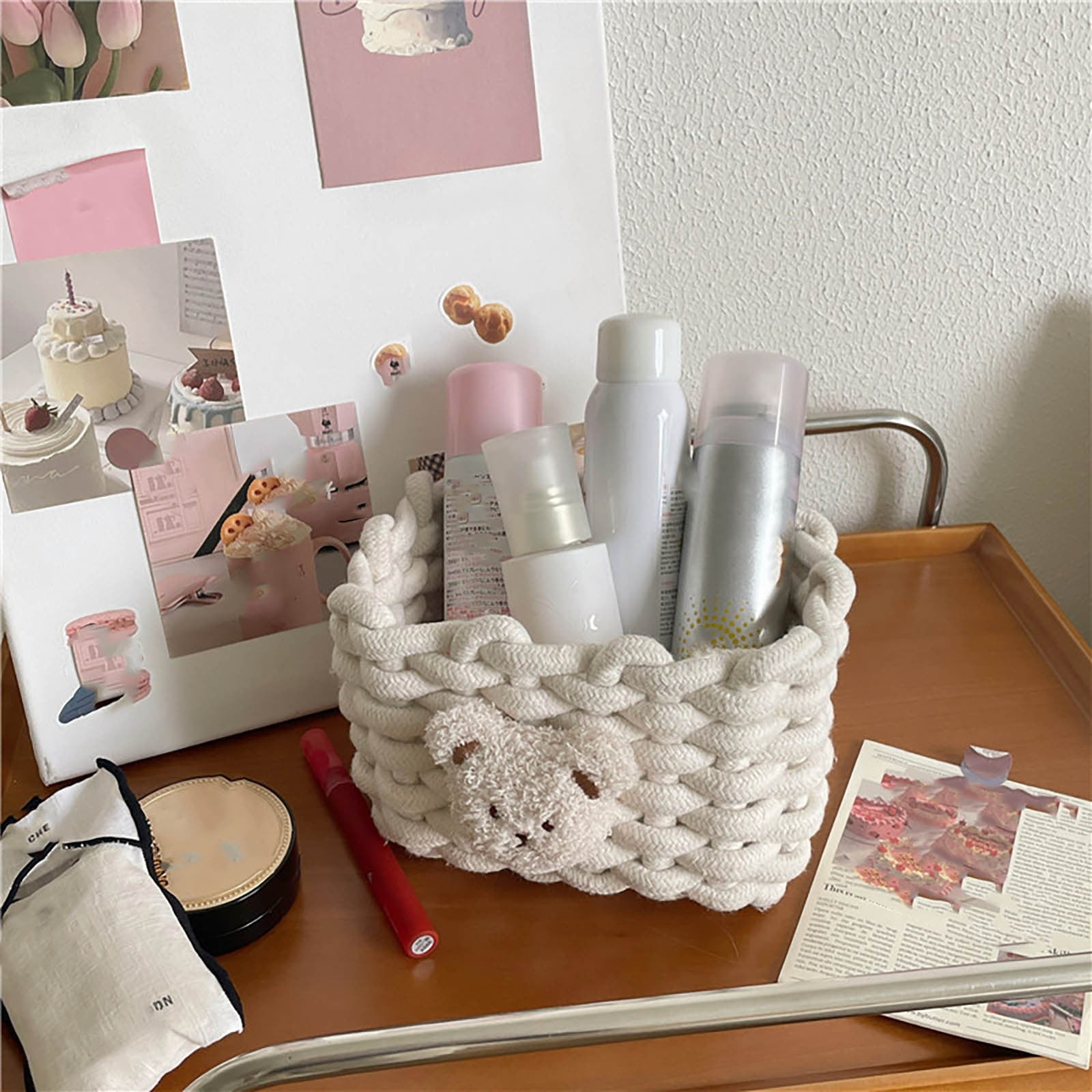 TopLLC Cotton Bear Woven Basket Desktop Storage Basket Cute Cosmetics ...