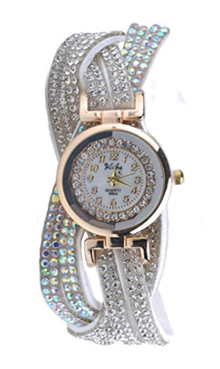 Woman Cross Braided Style 100 Multi-Crystal Wrap Around The Wrist Watch ...