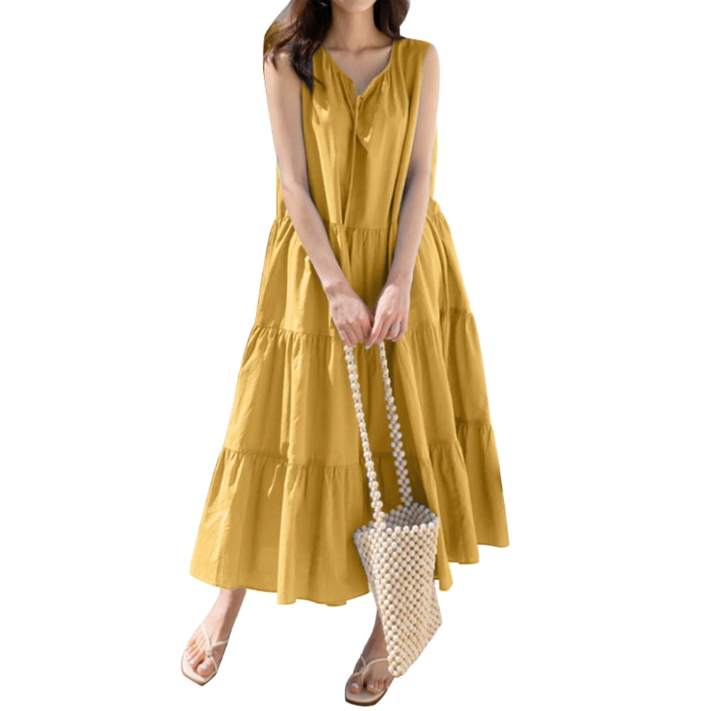 Zanzea Zanzea Women Solid Color Casual Sleeveless V Neck Tiered Maxi