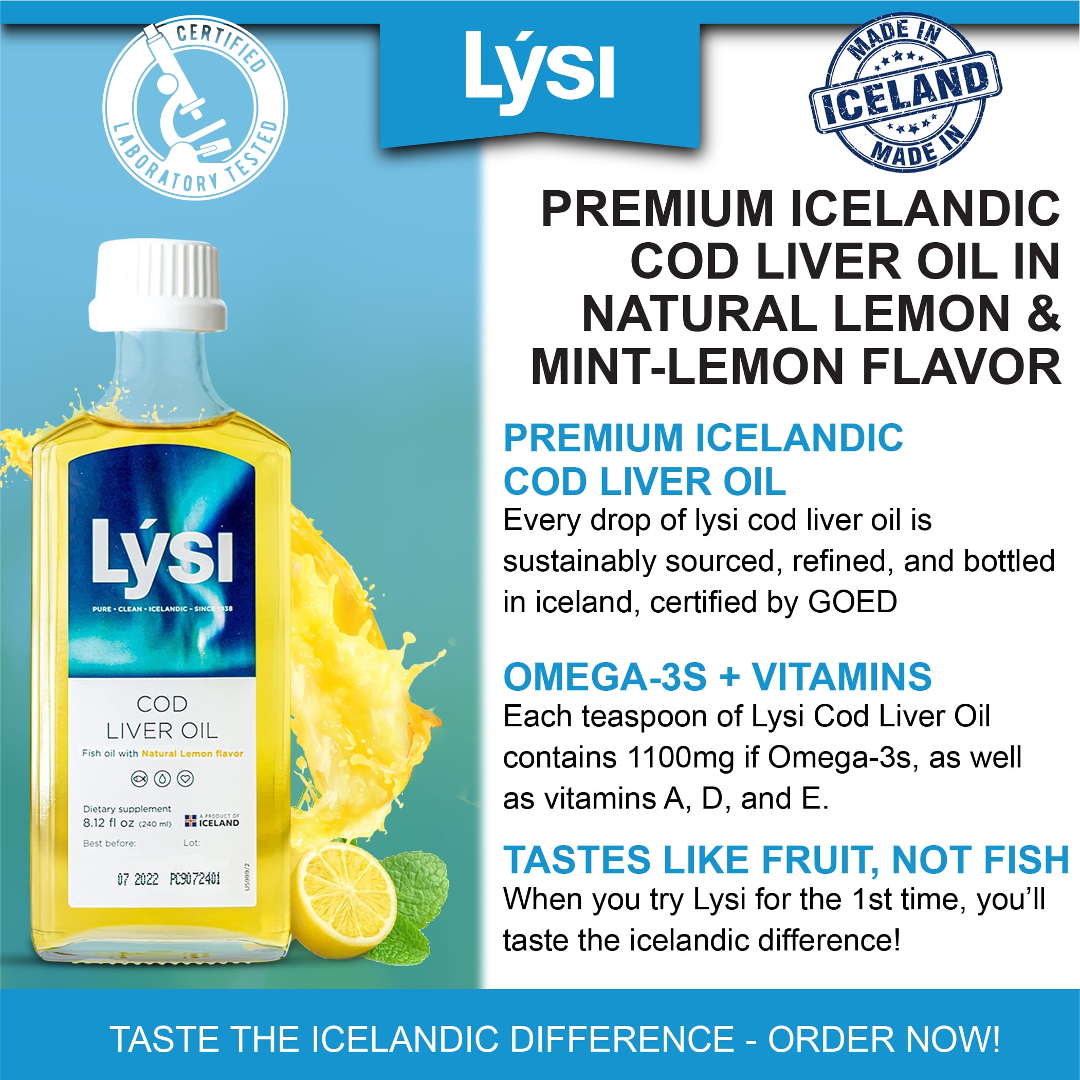 Buy Lysi Icelandic Cod Liver Oil, 1100mg Omega-3s, 8.12 fl oz, Lemon ...