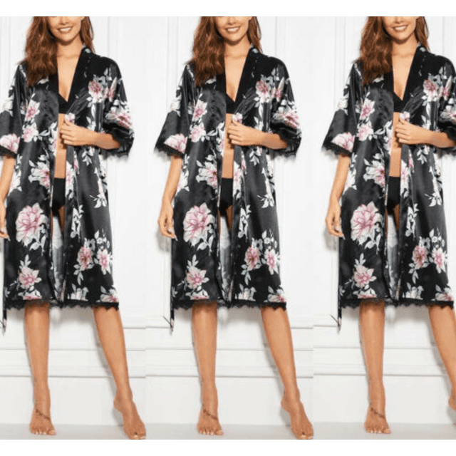LSFYSZD Women Floral Bathrobe Oblique V-Neck Lace Trim Kimono Robe ...
