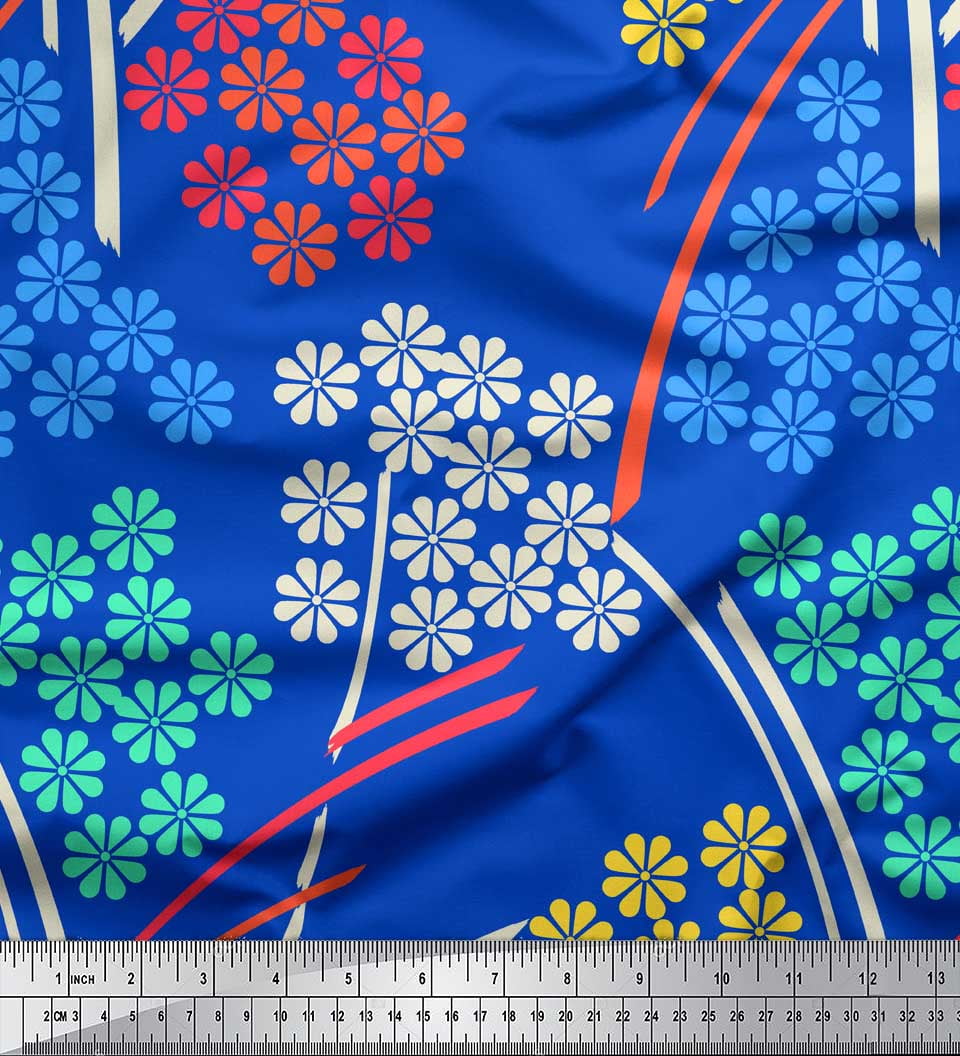 Soimoi Blue Japan Crepe Satin Fabric Artistic Floral Printed Fabric 1 ...