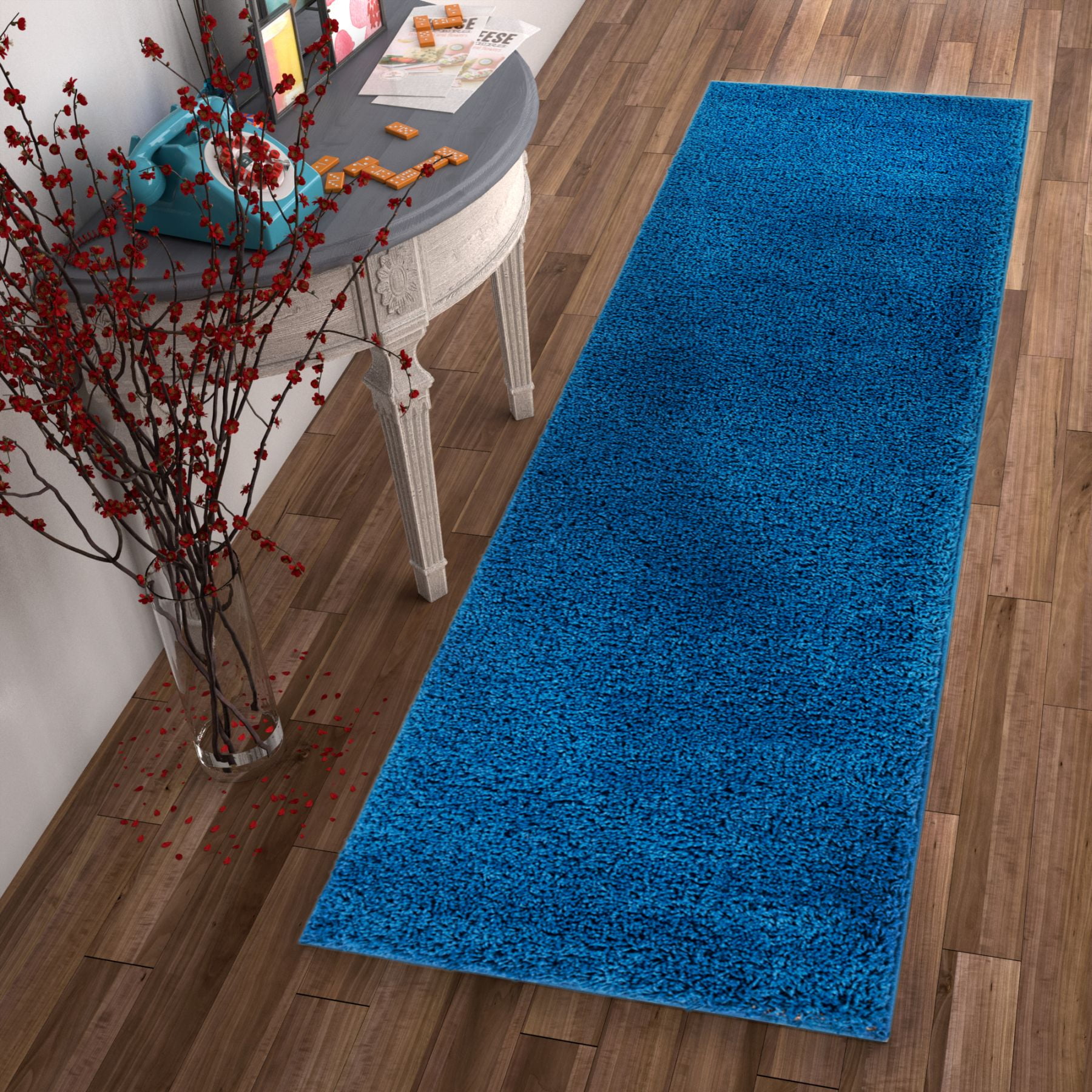 Solid Retro Modern Dark Blue Shag 2x7 (2'' x 7'3'' Runner) Area Rug ...