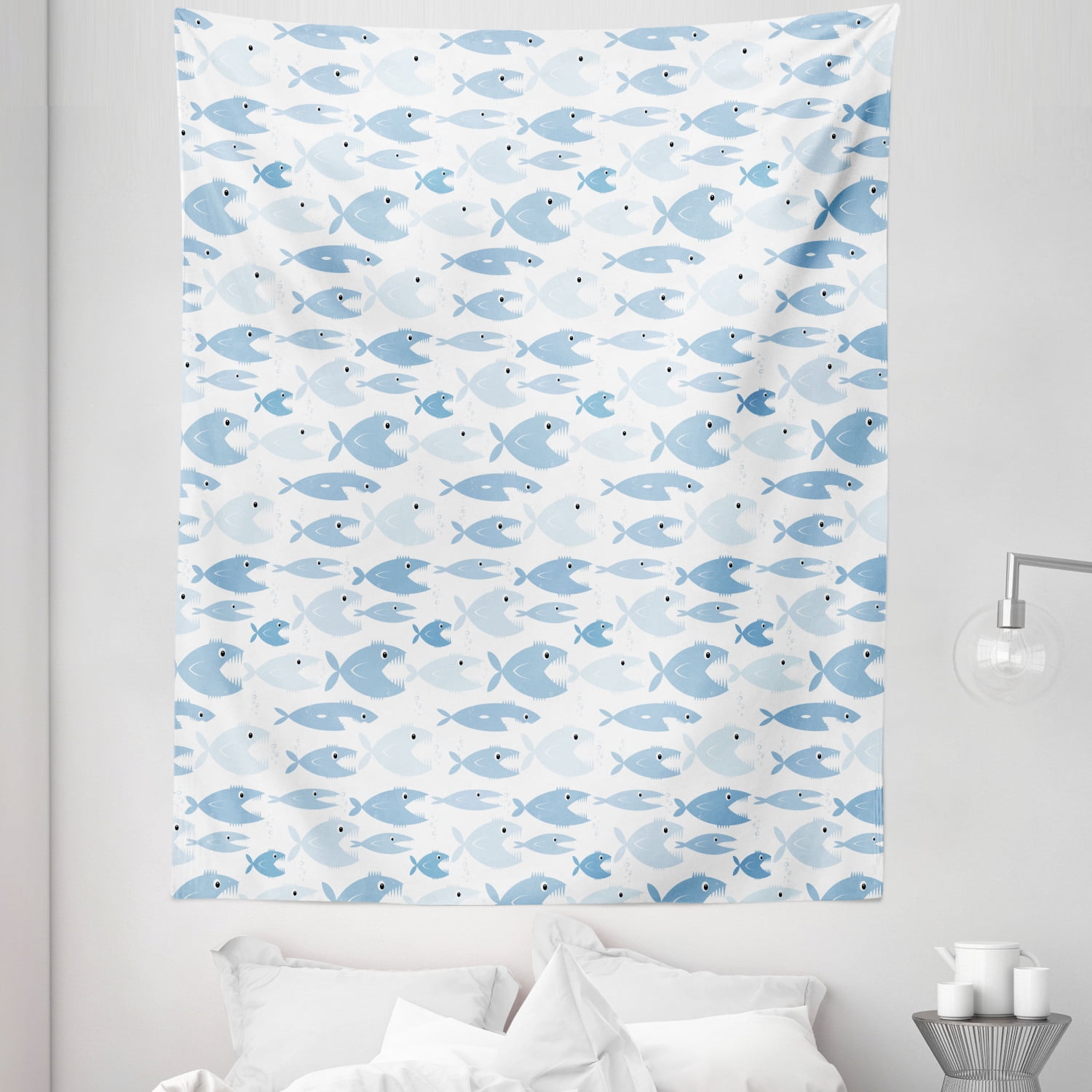 Fish Tapestry, Aquatic Fauna with Sharp Teeth Cartoon Nature ...
