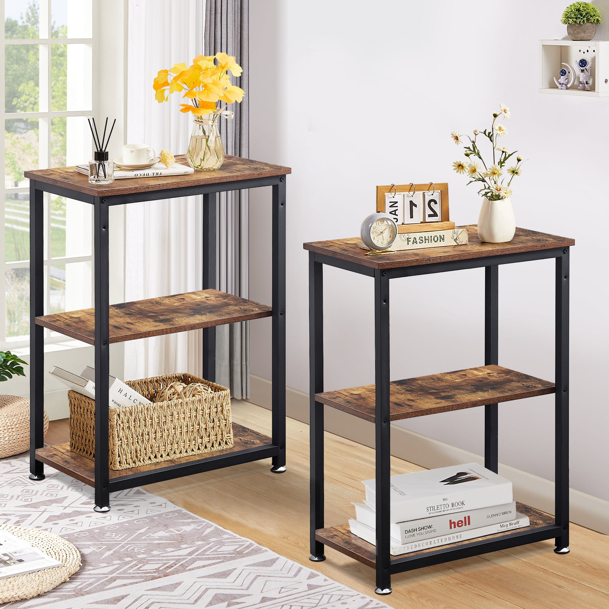VECELO 2 Bedside End Tables with Shelves, 3-Tier Nightstand for Various ...
