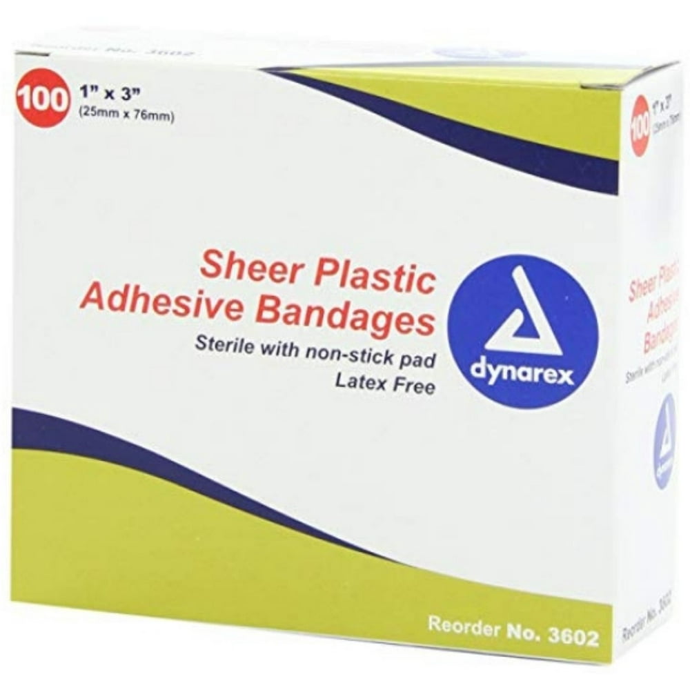 Dynarex Adhesive Strip 1 X 3" Plastic Rectangle Sheer Sterile, 100 ea ...