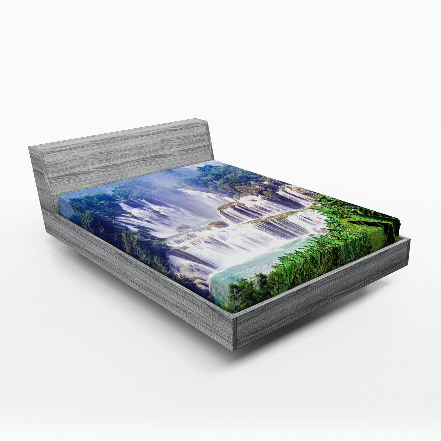 Nature Fitted Sheet, Waterfall Exotic Tropical Leaves Natural Swimming ...