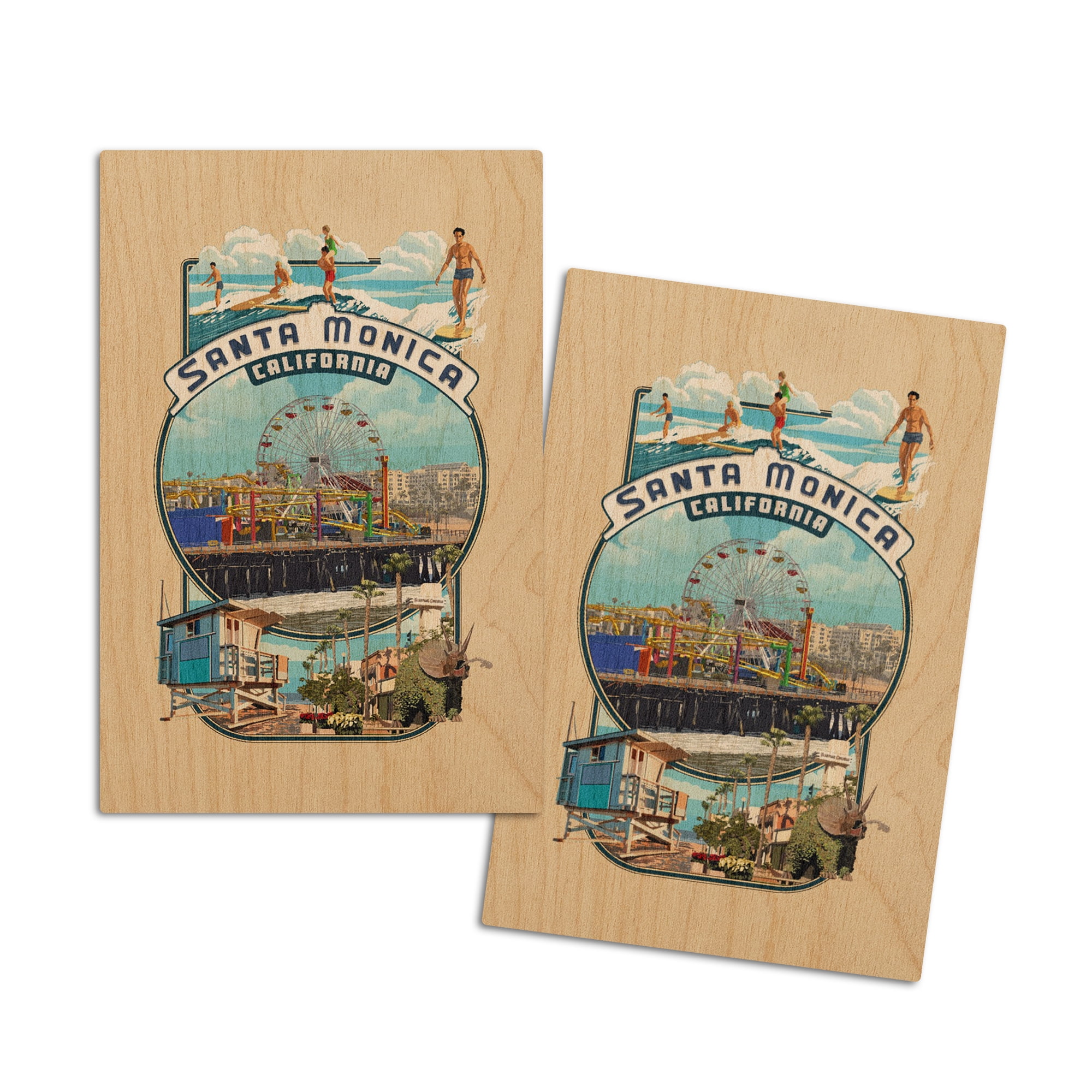 Santa Monica, California, Montage Scenes, Contour (4x6 Birch Wood ...