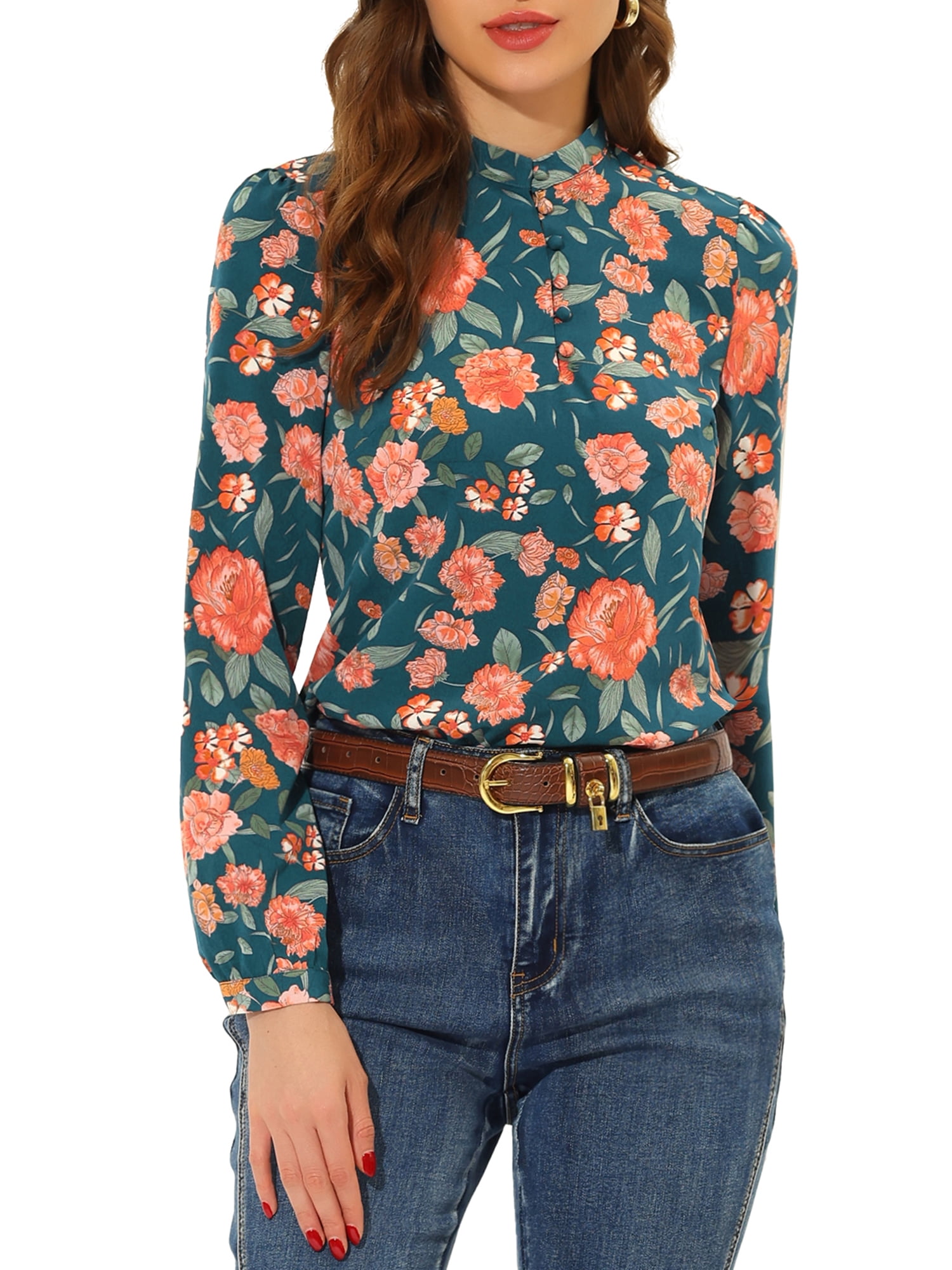 Allegra K Women's Vintage Half Placket Long Sleeve Floral Print Blouse ...