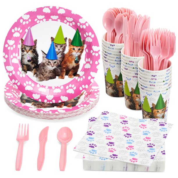 144-Piece Kitten Party Supplies Set with Cat Birthday Paper Plates, 6.5 ...