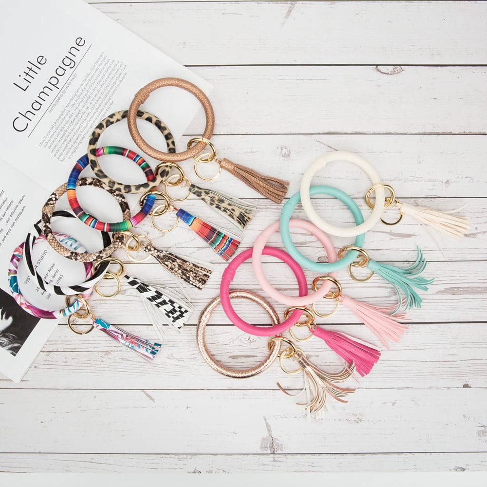 Women and Girls Leather Wristlet Keychain Bracelet Bangle Round Key ...
