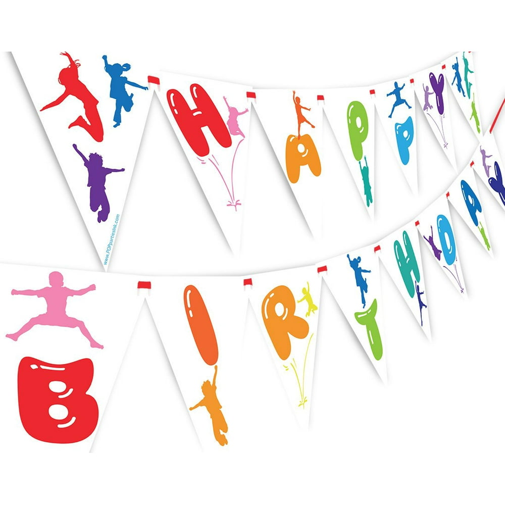 Bounce Jump Happy Birthday Banner Pennant - Rainbow Party Banner ...