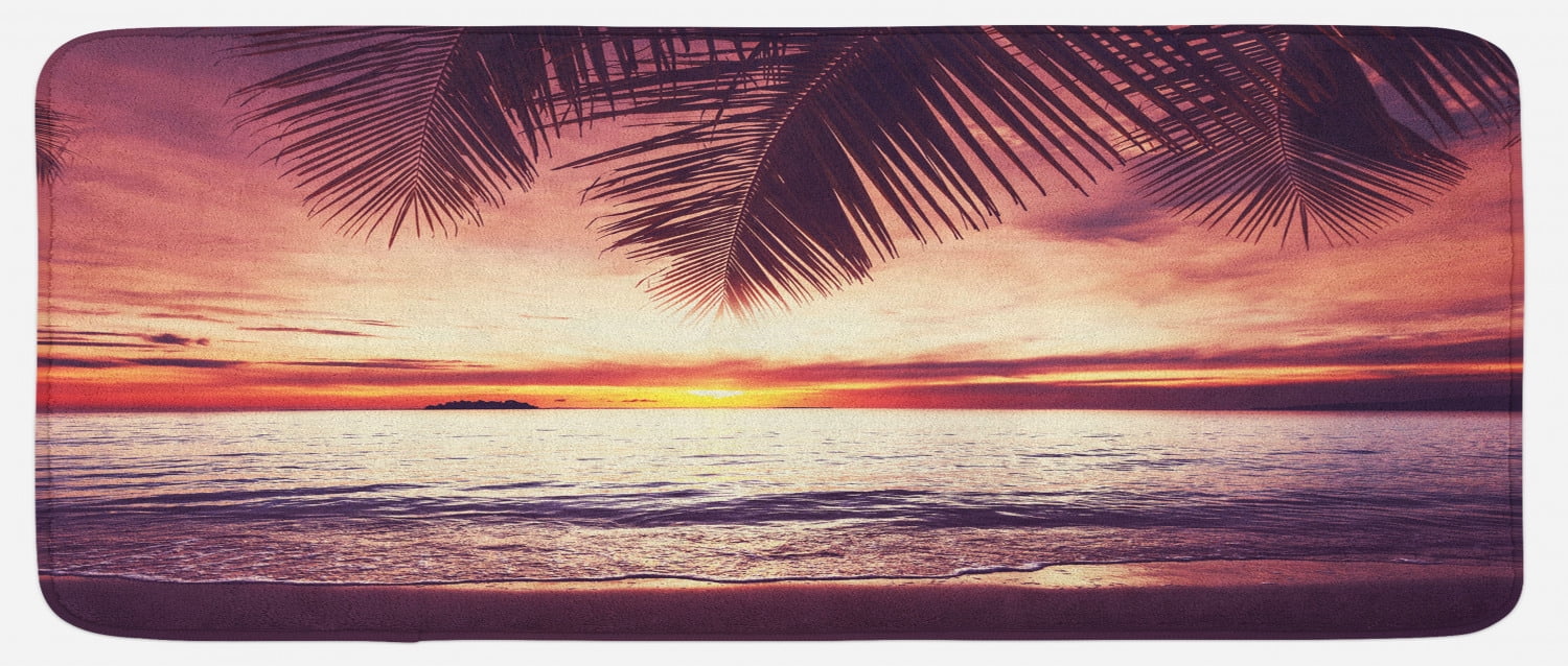 Palm Tree Kitchen Mat, Tropical Beach Under Shadows at Sunset Ocean ...