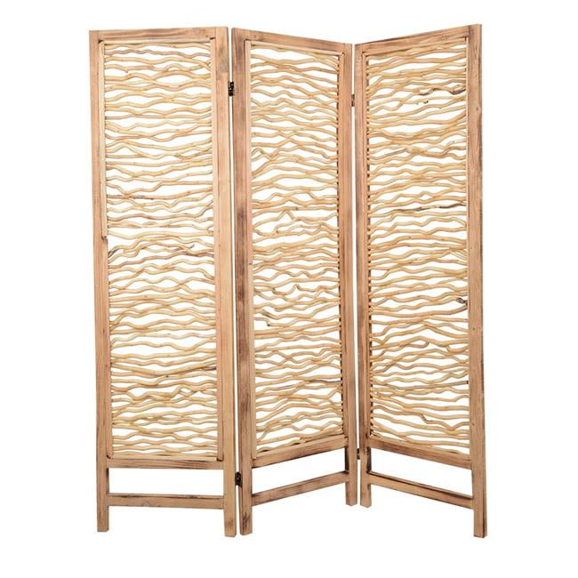 Contemporary 3 Panel Wood Screen with Horizontal Branch Design, Brown ...