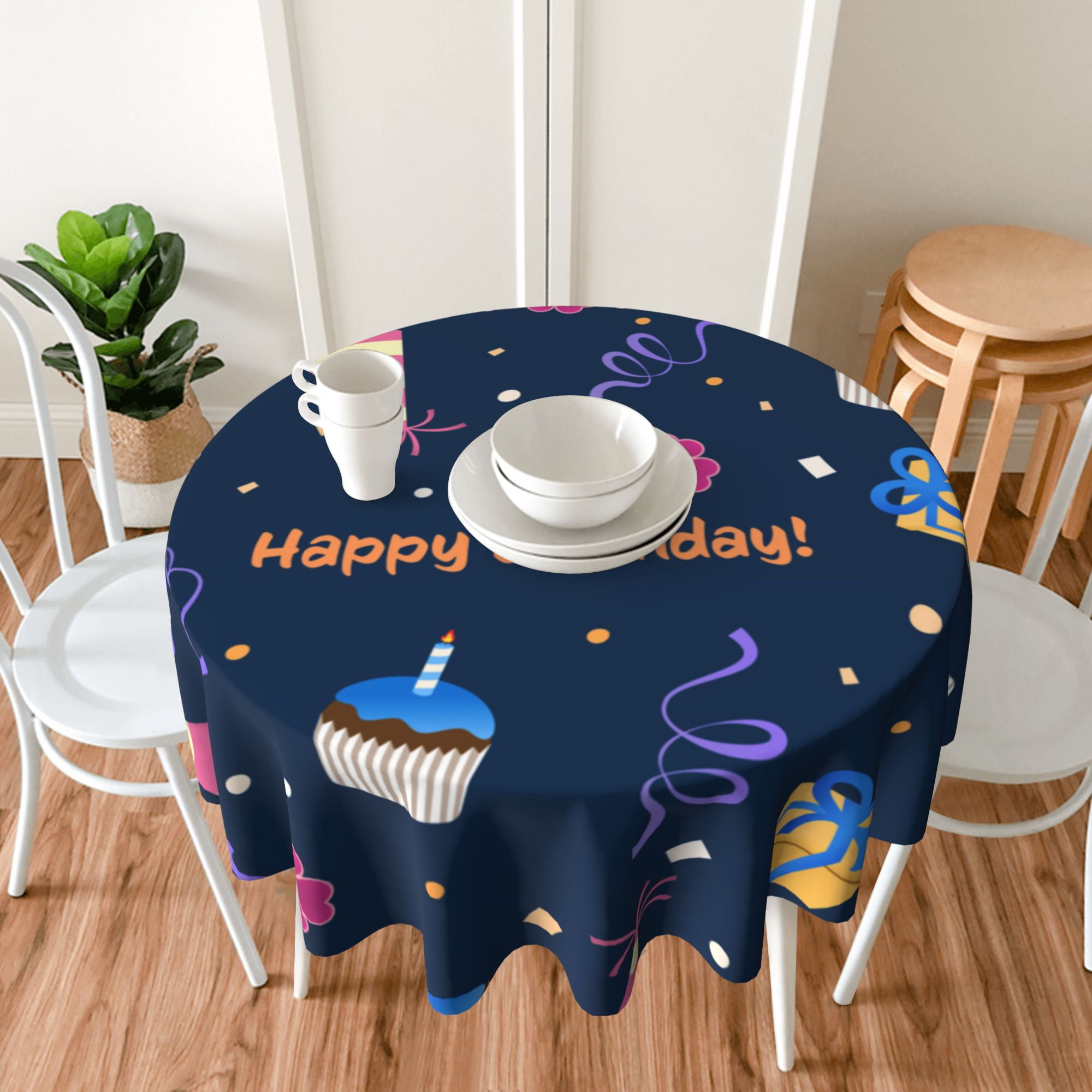 TEQUAN 60" Round Tablecloth, Happy Birthday Party Pattern Washable ...