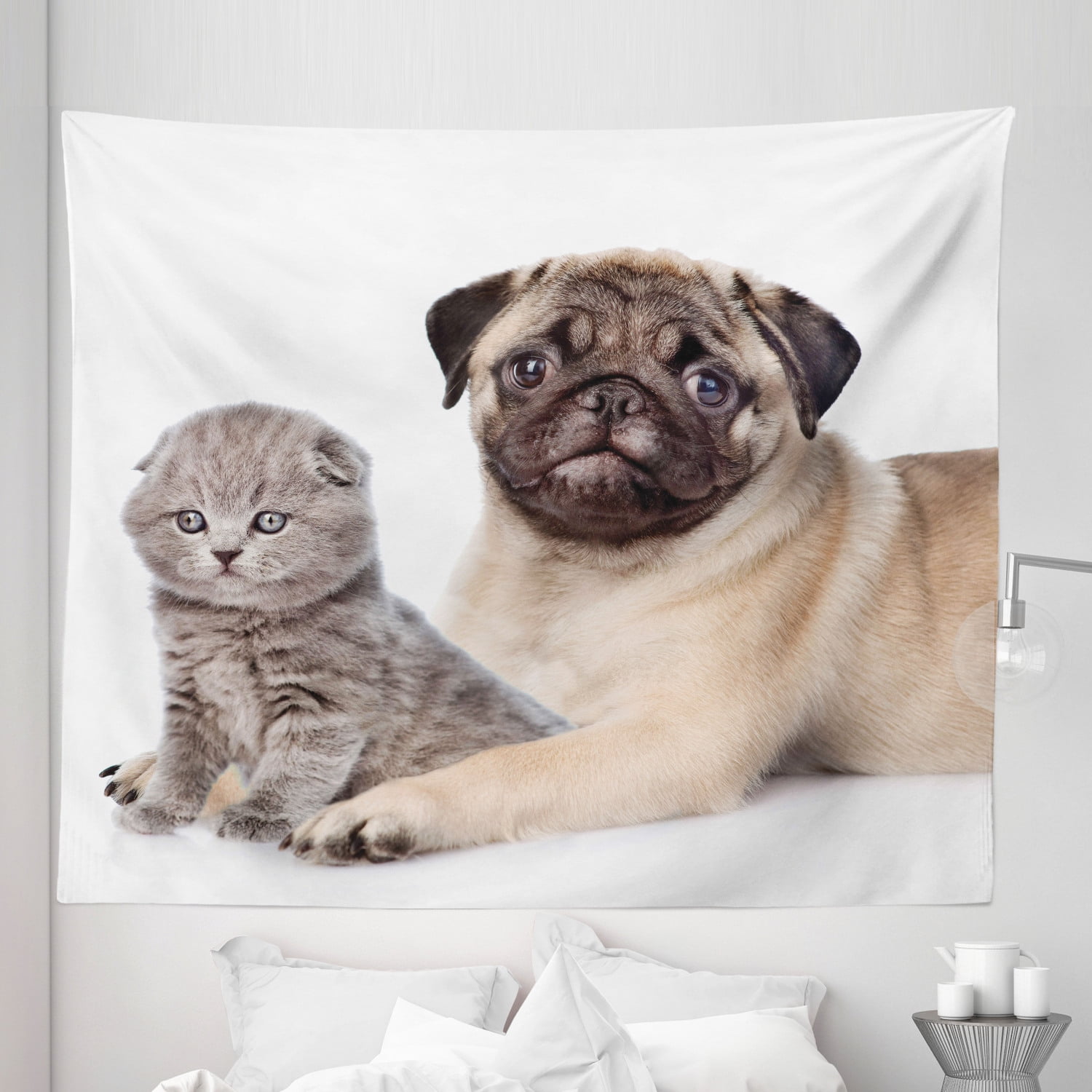 Pug Tapestry, Young Pets Kitten and Puppy Pug Scottish Fold Animal Fun ...