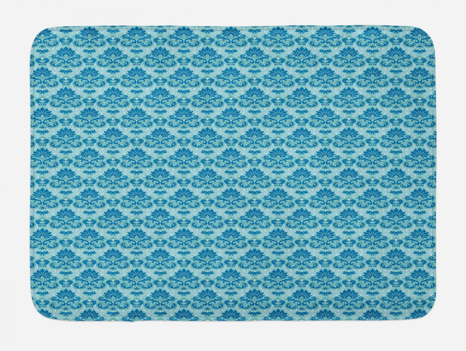 Damask Bath Mat, Blue Colored Pattern with Western Style Tile Revival ...