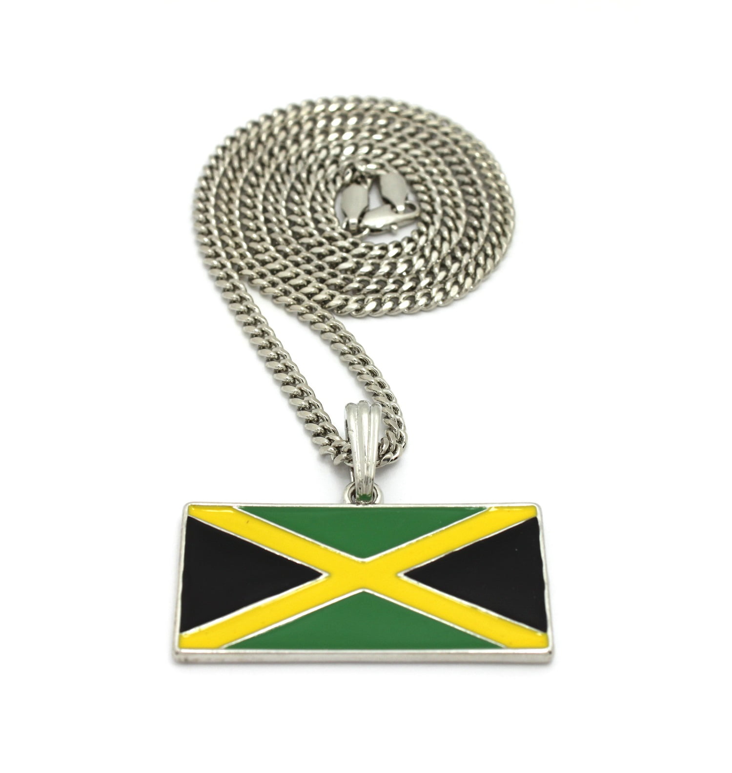 Flag of Jamaica Pendant w/ 3mm 24" Cuban Chain Necklace, Silver-Tone ...