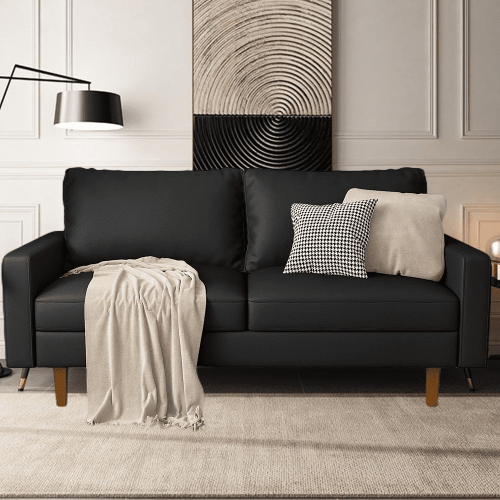 70" Faux Leather Sofa Mid-Century Small PVC Sofa with Solid Wood Legs ...