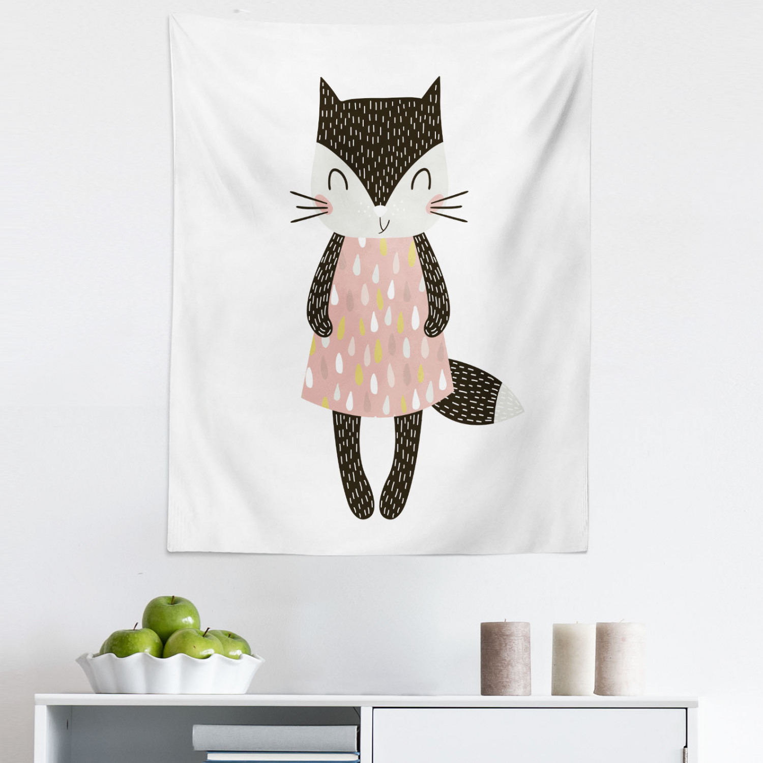 Cat Tapestry, Feline Girl in a Raindrop Shapes Pattern Dress Hand Drawn ...