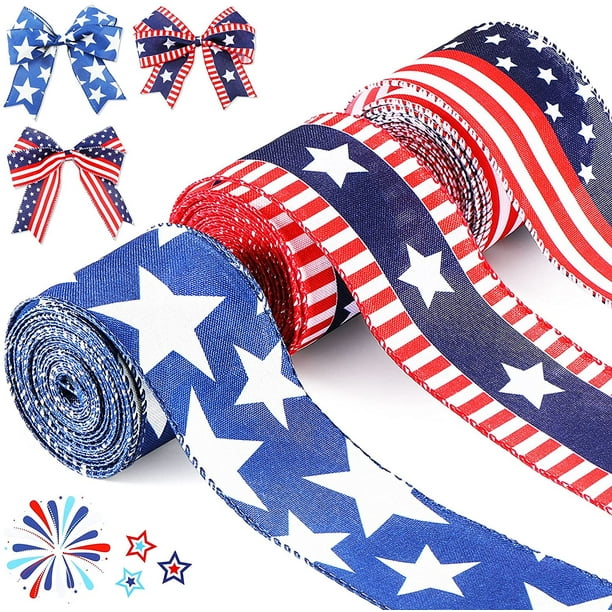 3 Rolls/ 30 Yards Star Wired Edge Ribbons 2.5 Inch Wide Patriotic ...