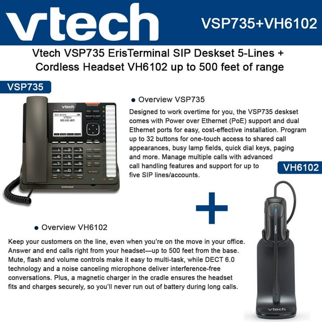Vtech VSP735 Phone SIP Deskset 5-Lines +Cordless Headset VH6102 500feet ...