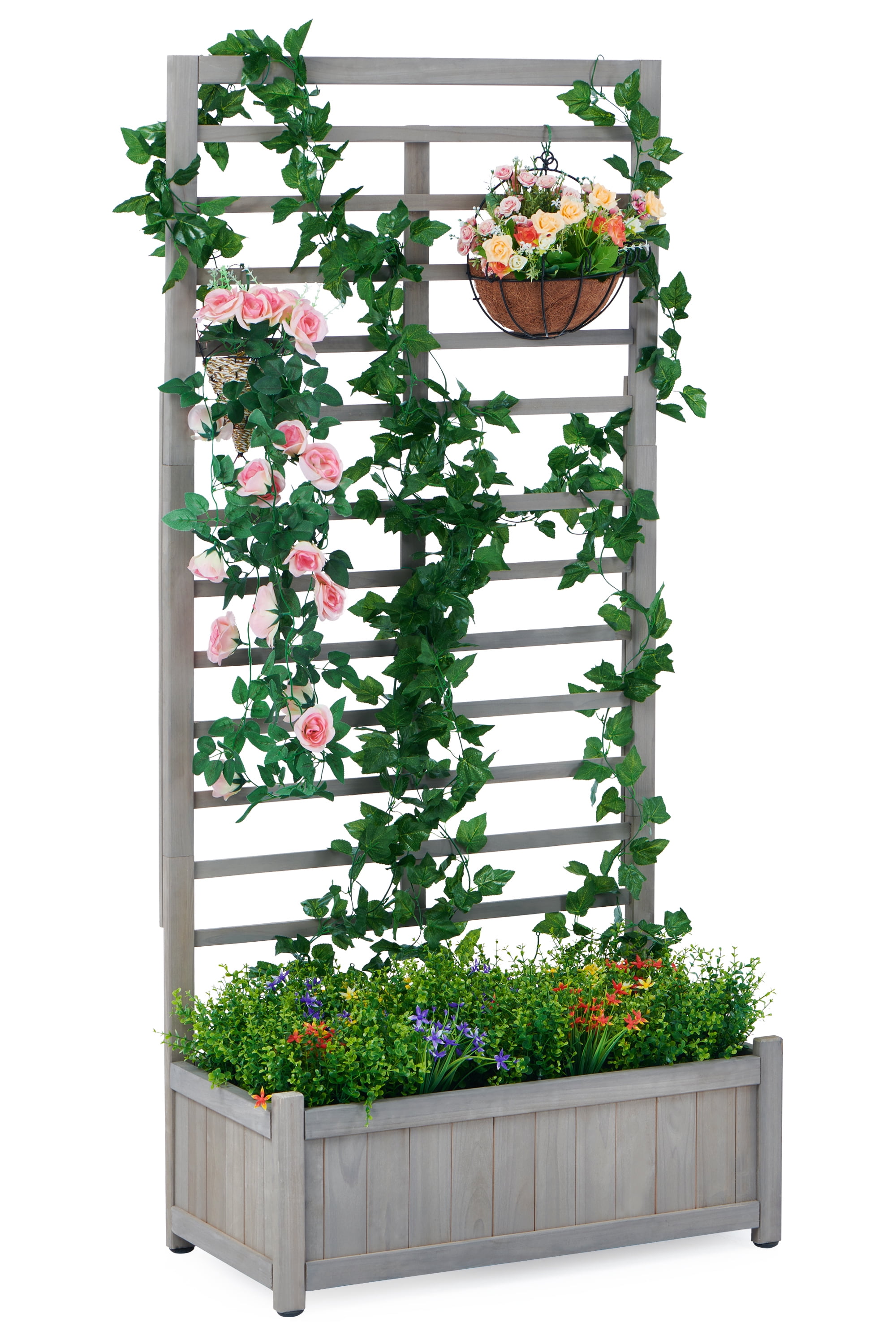 D-road Wooden Raised Garden Bed W/ Adjustable Trellises, Garden Planter ...