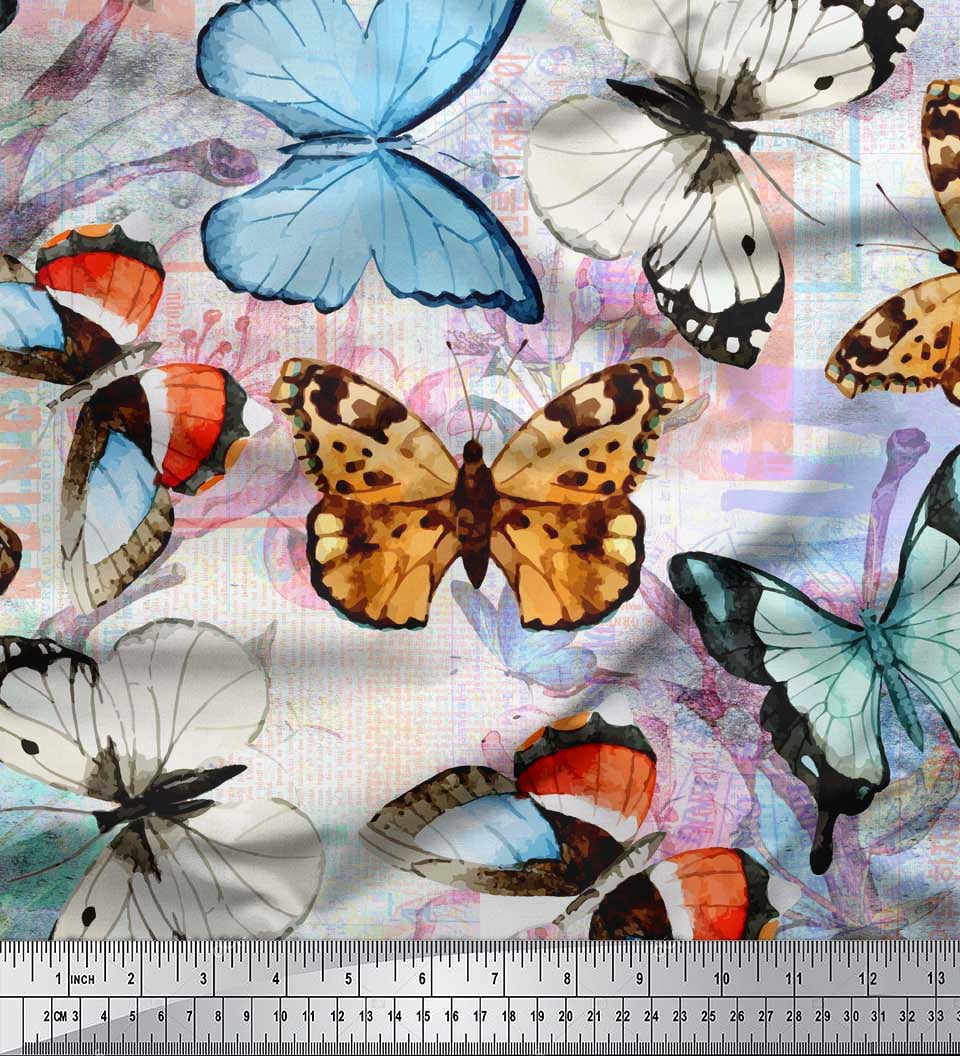 Soimoi Orange Viscose Chiffon Fabric Flower & Butterfly Printed Fabric ...