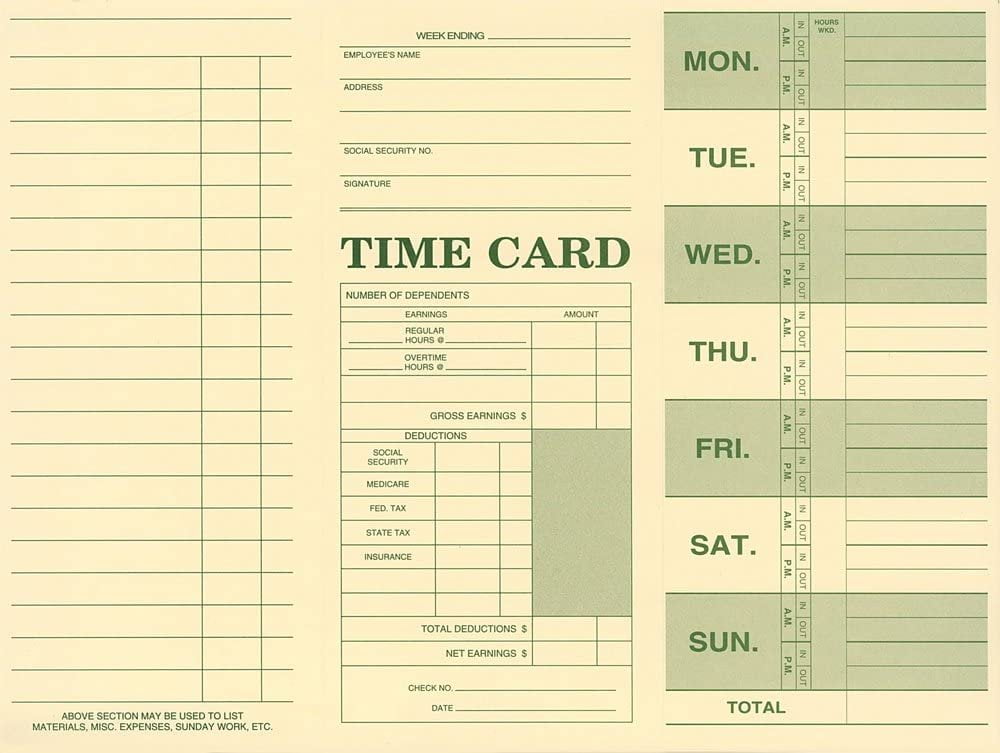 Employee Attendance Weekly Time Card Pack of 100 - Walmart.com