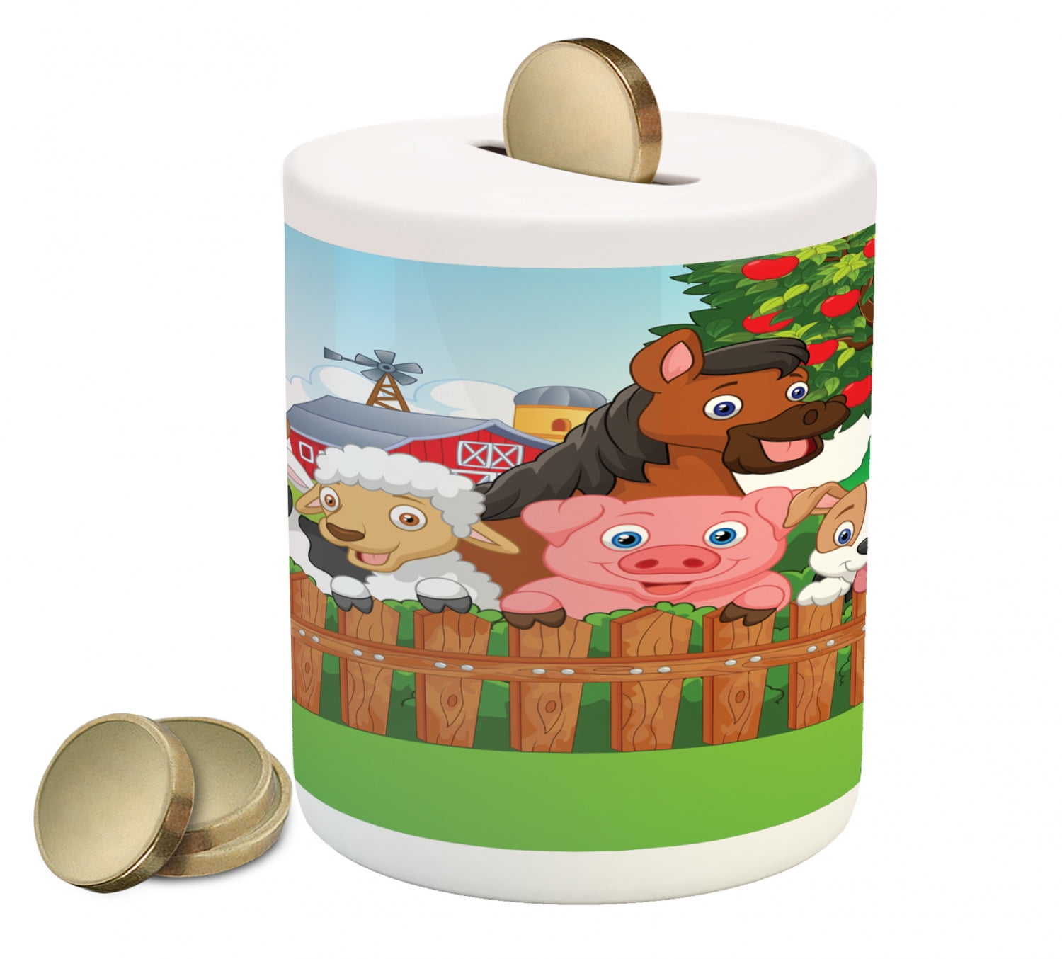Cartoon Piggy Bank, Composition Farm Animals on Fence Comic Mascots Dog ...