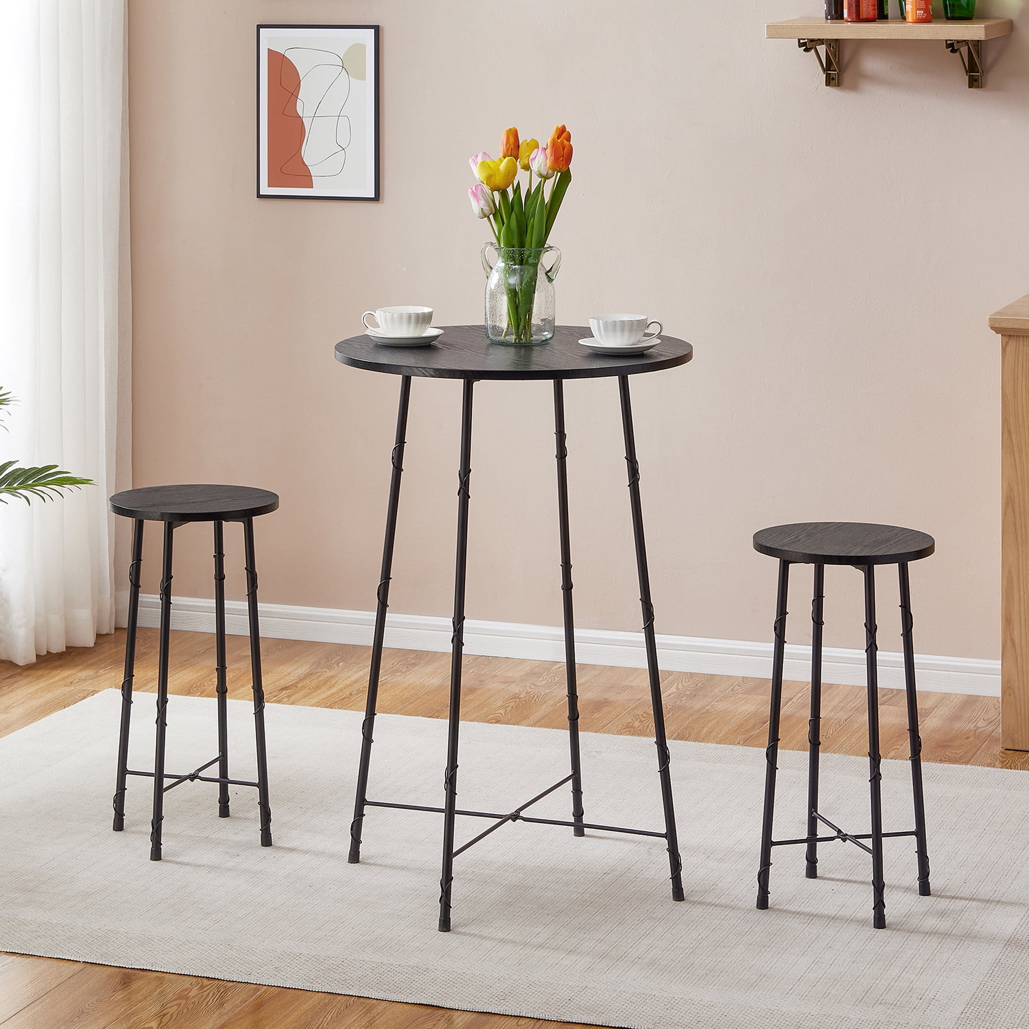 VECELO 3-Piece Bar Table Set with 2 Stools, Round Pub Table Set for ...