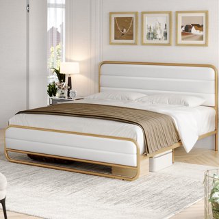Costway King Gold Metal Bed Frame Upholstered Platform Bed with Velvet ...