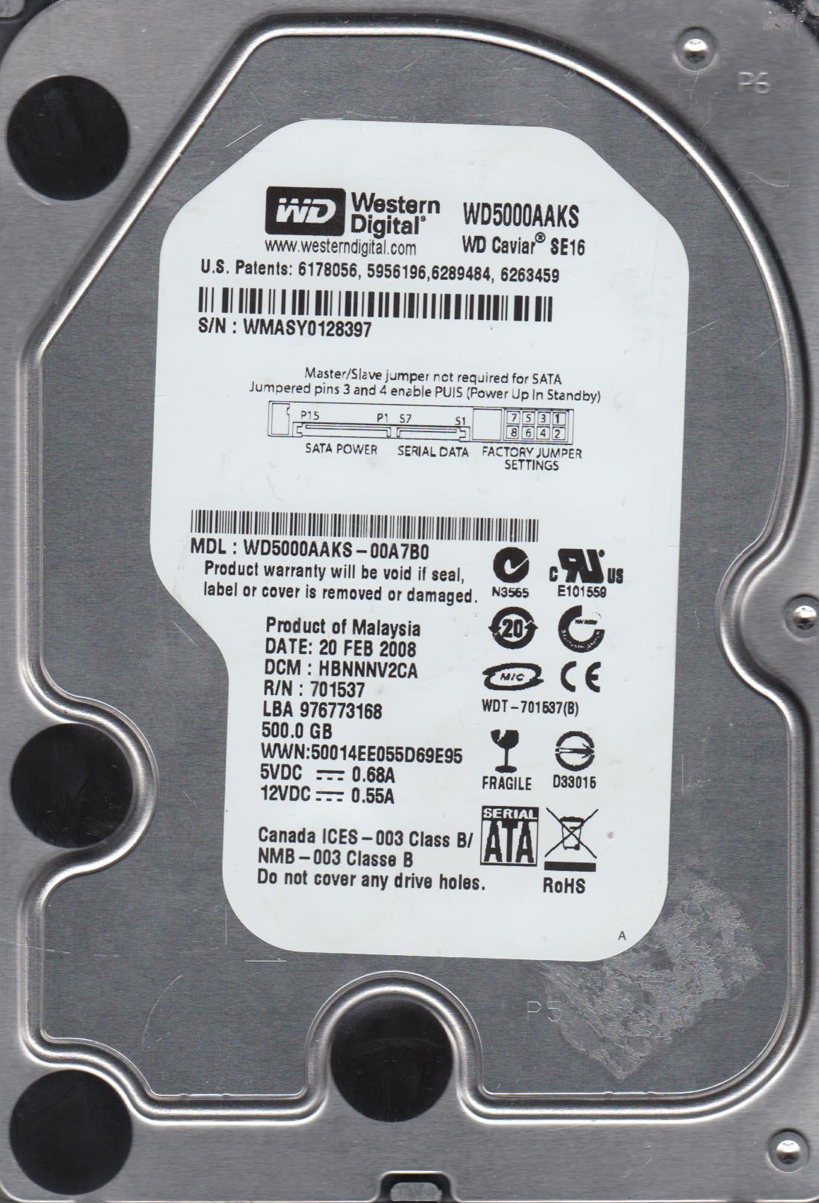 WD5000AAKS-00A7B0, DCM HBNNNV2CA, Western Digital 500GB SATA 3.5 Hard ...