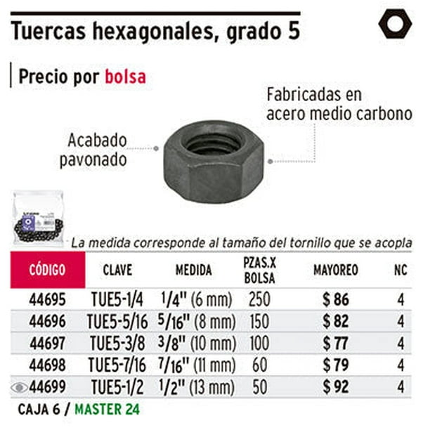 Tuerca hexagonal grado 5 de 1/4', pavonada, bolsa c/250 pzas Fiero Tuerca hexagonal grado 5 de 1 ...