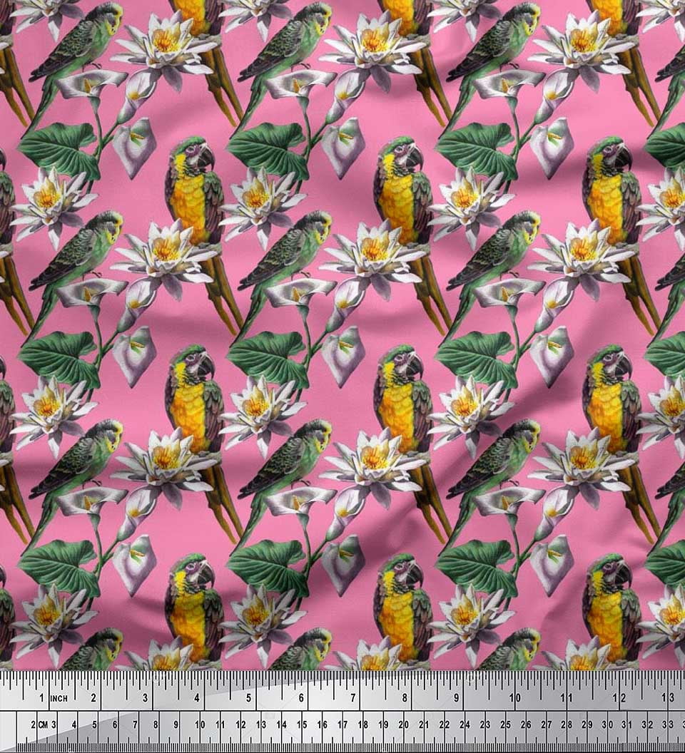 Soimoi Satin Silk Fabric Macaw Parrot,Leaves & Waterlily Floral Print ...