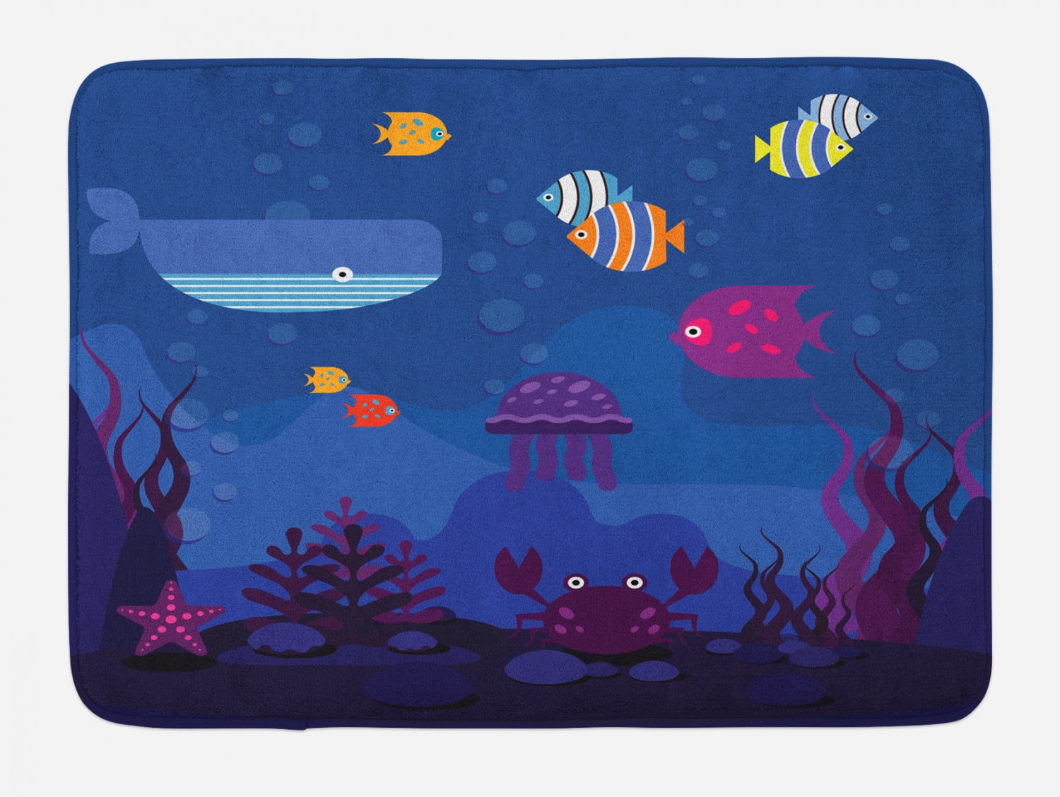 Cartoon Bath Mat, Underwater World Fish in Aquarium and Whale Crabs ...