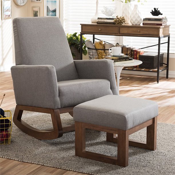 Baxton Studio Yashiya Upholstered Rocker and Ottoman in Gray - Walmart.com